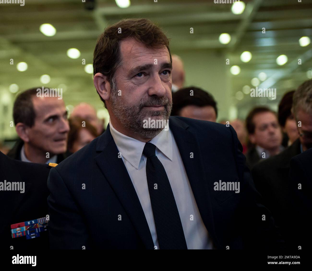 Christophe Castaner seen during a visit by boat of the commercial port ...