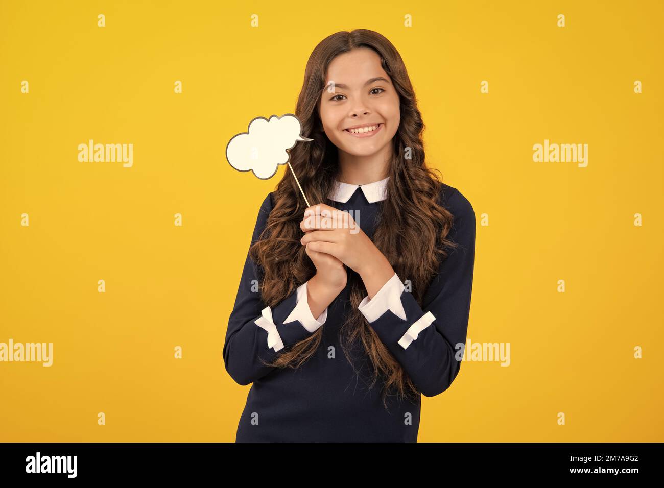 Teen girl holding clouds empty space, thinking bubble, comment cloud ...