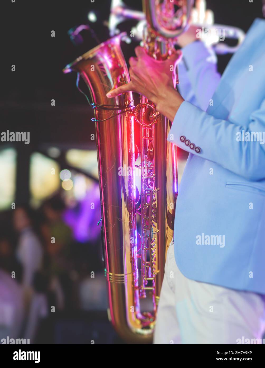 Concert view of saxophonist, a saxophone sax player with vocalist and ...