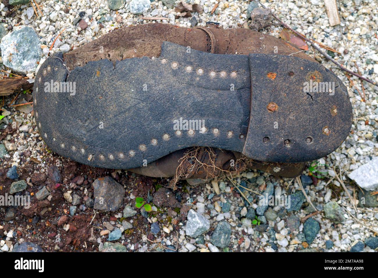 Old winter men's boots with locks lie on the ground. garbage. Thrown ...