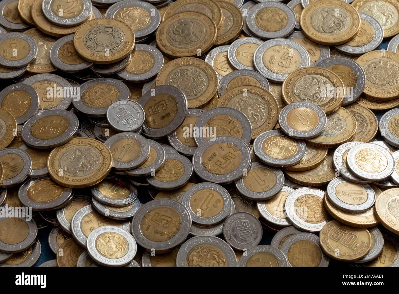 group of mexican peso coins of various denominations, with copy space ...