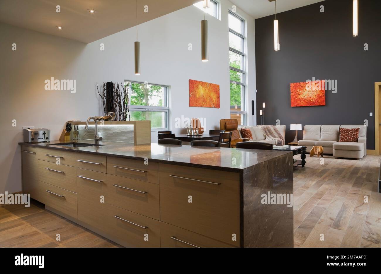 Island with dark grey granite countertop and sink in kitchen with view ...