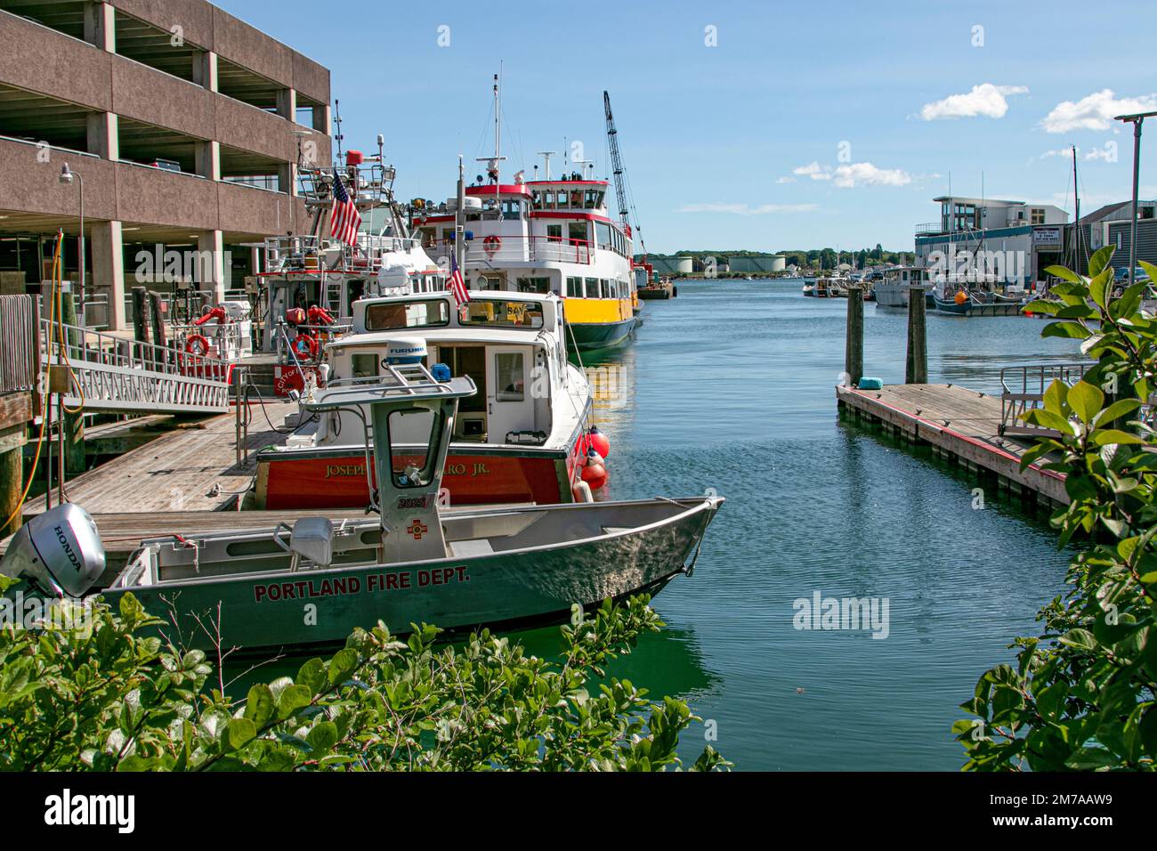USA, Maine, Portland, Harbor and Bay, Maine State Pier, ferry pier ...