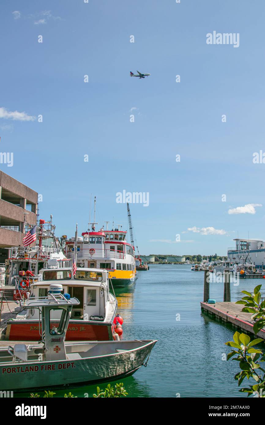 USA, Maine, Portland, Harbor and Bay, Maine State Pier, ferry pier ...