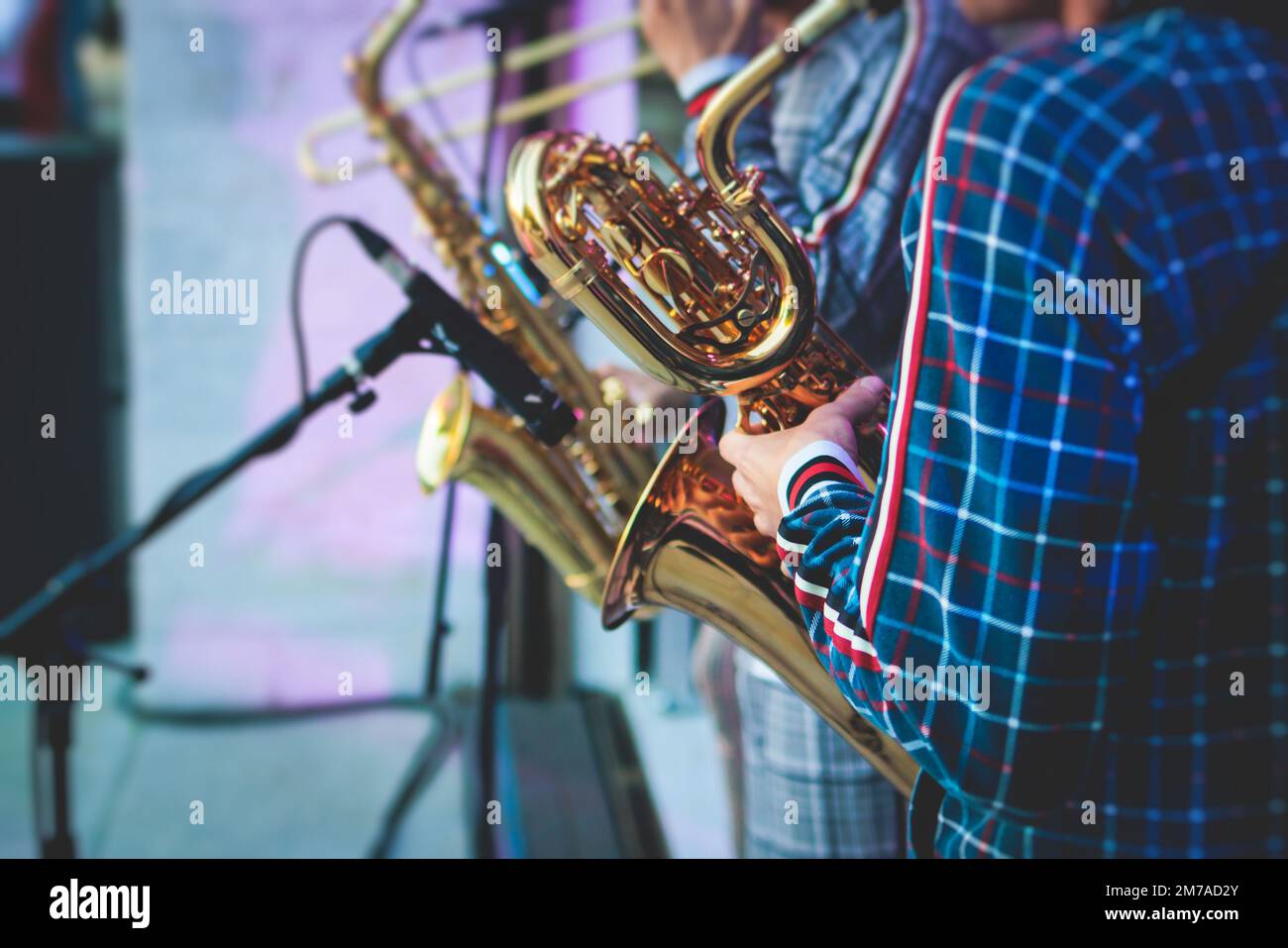 Concert view of saxophonist, a saxophone sax player with vocalist and ...