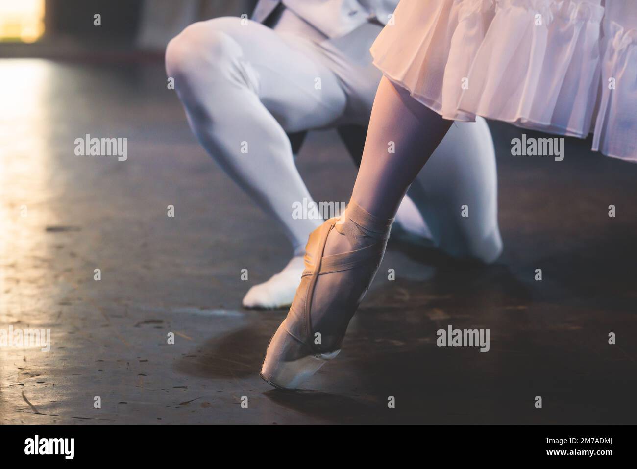 Ballet dancers couple during performance repetition, classic ballet ...