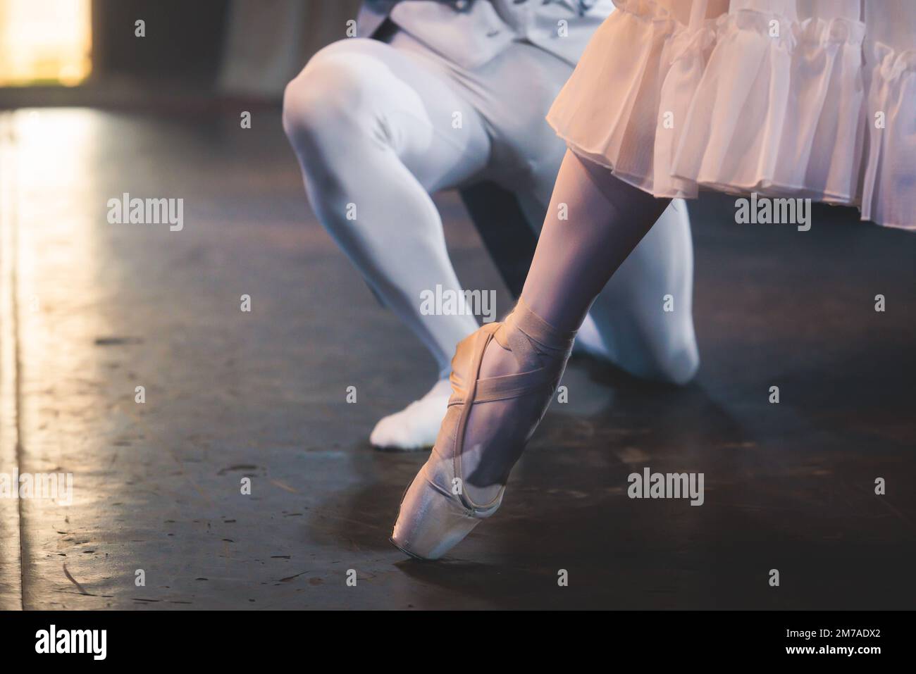 Ballet dancers couple during performance repetition, classic ballet ...