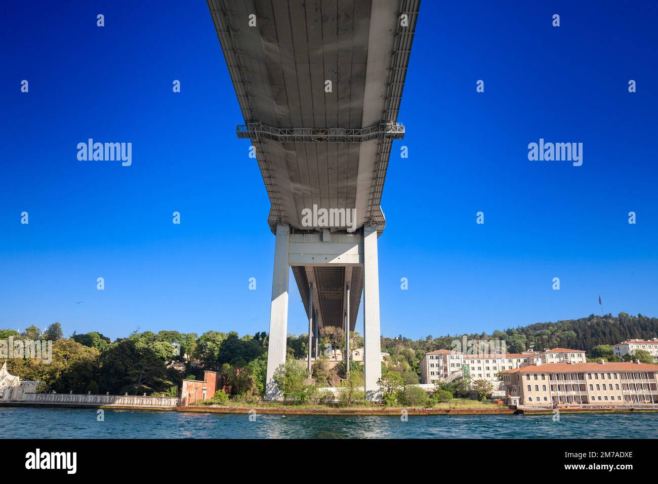 Picture of the Istanbul Bosphorus bridge seen from below during a sunny ...