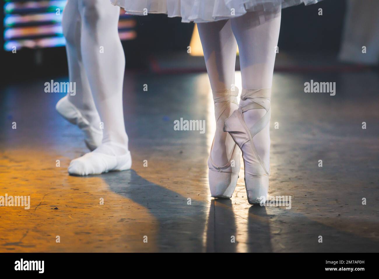 Ballet dancers couple during performance repetition, classic ballet ...