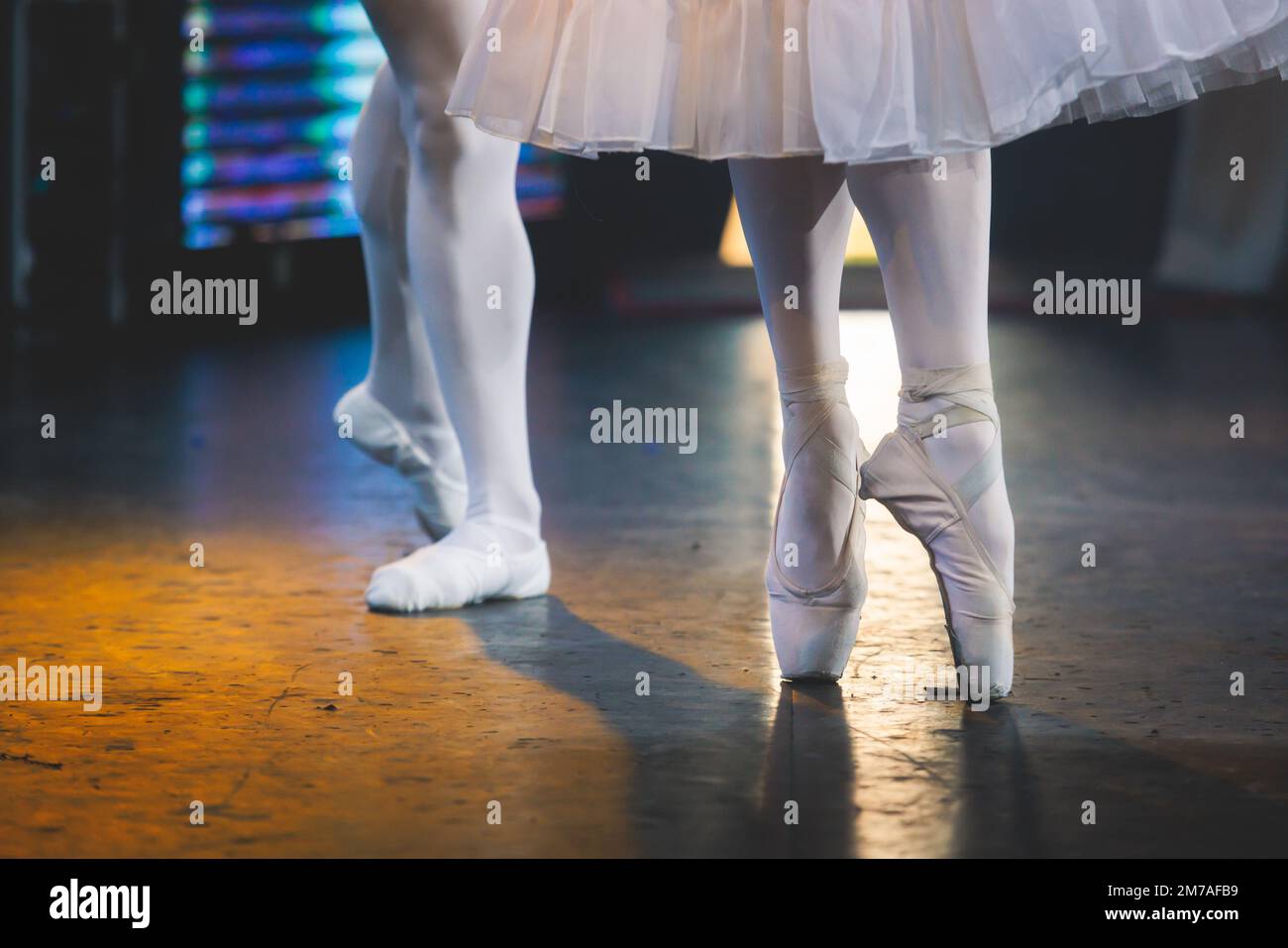 Ballet dancers couple during performance repetition, classic ballet ...