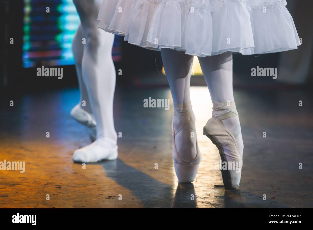 Ballet dancers couple during performance repetition, classic ballet ...