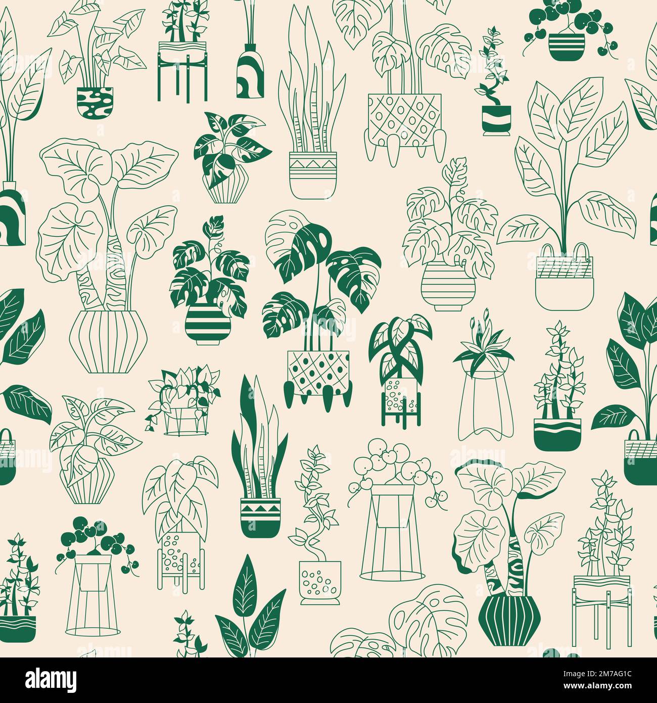 House potted plant, trendy seamless pattern. Exotic houseplants ...