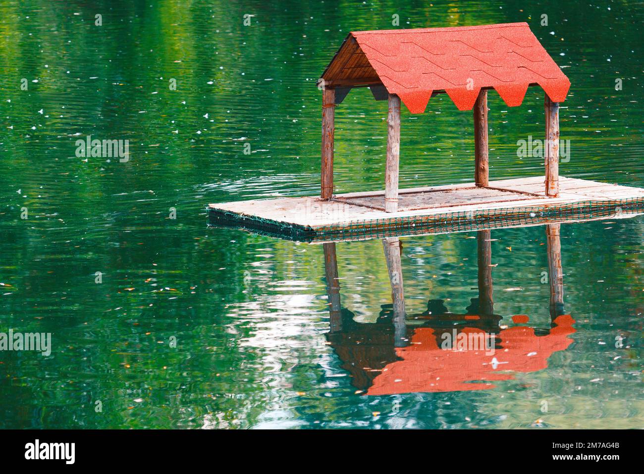 Wooden feeder for birds on the water . Feeder on the lake for water ...