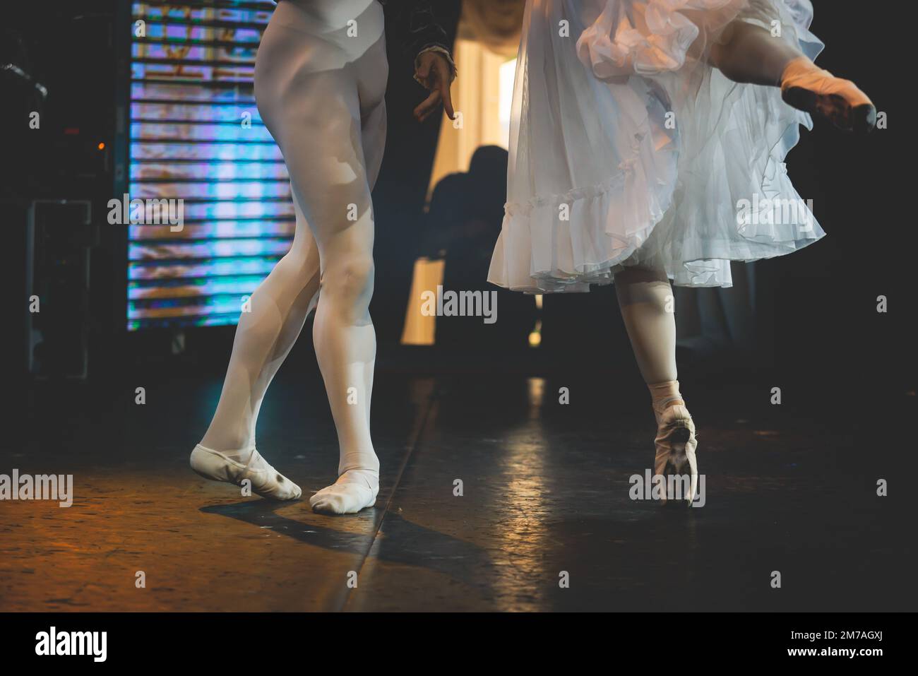 Ballet dancers couple during performance repetition, classic ballet ...