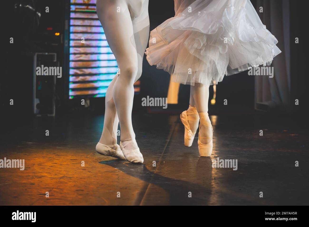 Ballet dancers couple during performance repetition, classic ballet ...