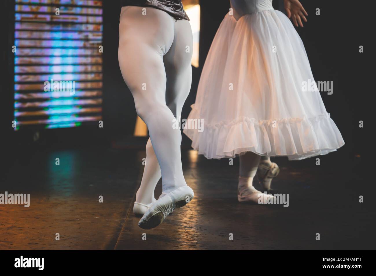 Ballet dancers couple during performance repetition, classic ballet ...