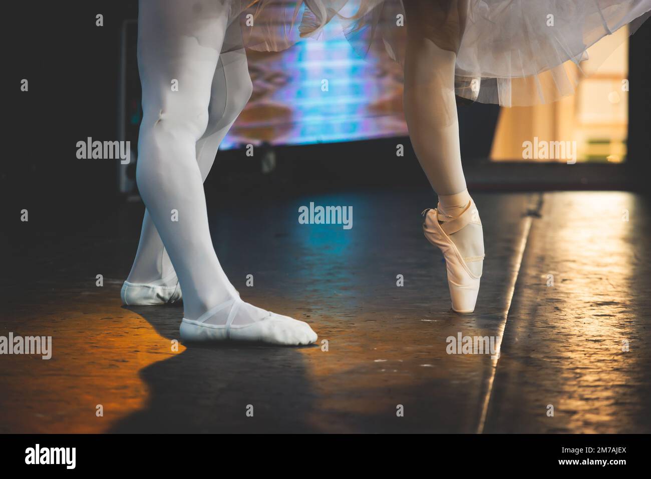 Ballet dancers couple during performance repetition, classic ballet ...