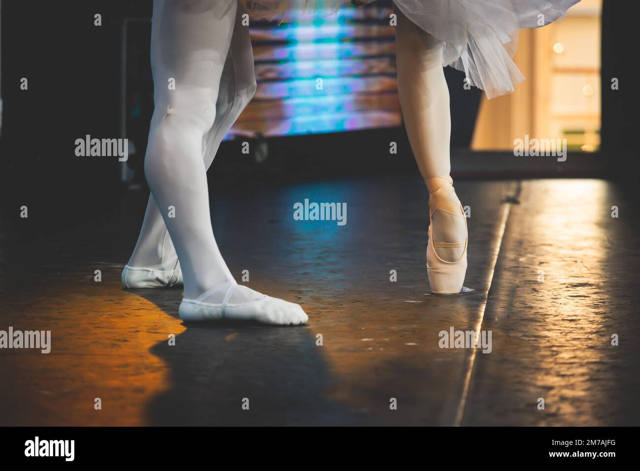 Ballet dancers couple during performance repetition, classic ballet ...