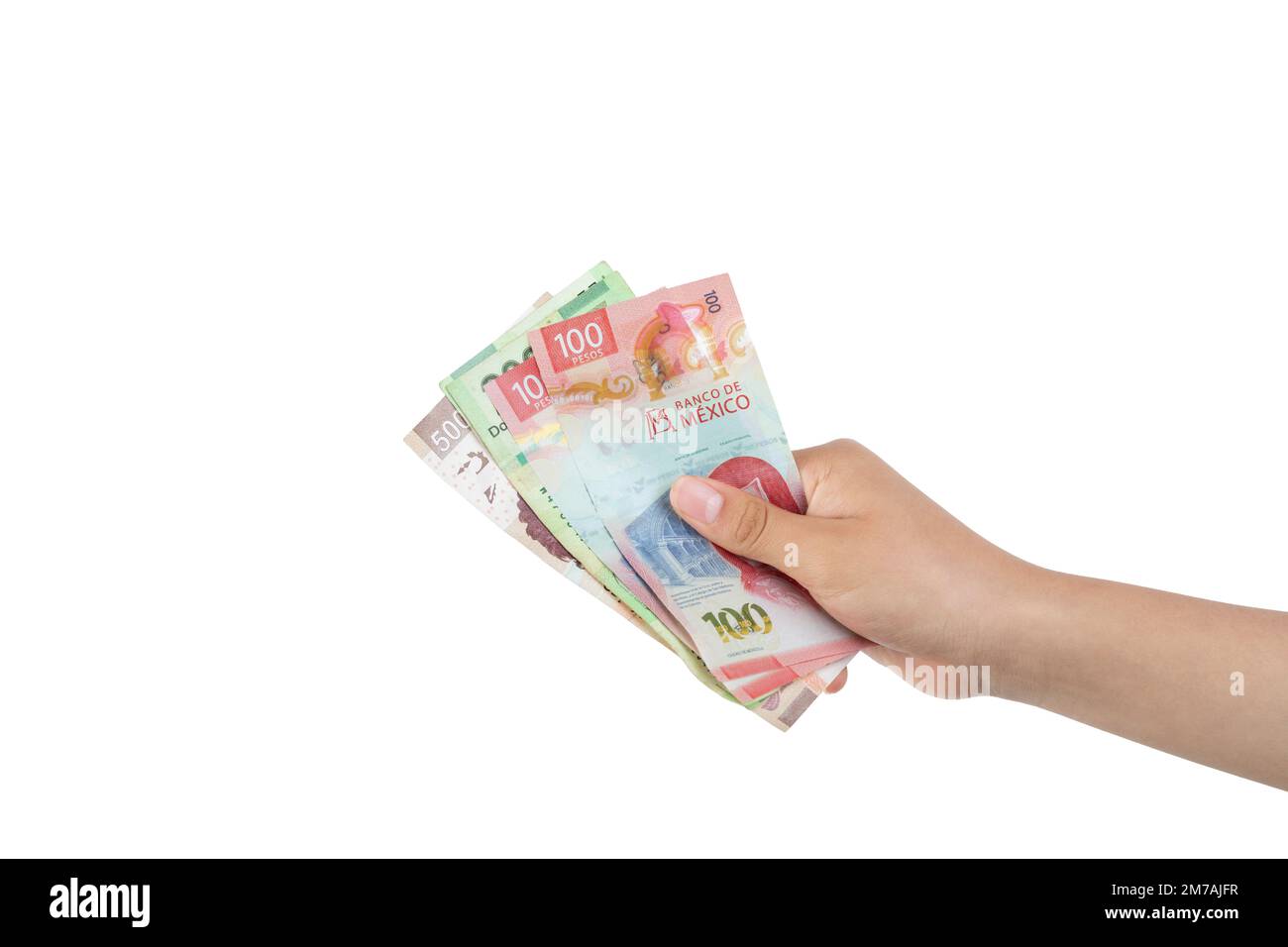 Outstretched hand holding banknotes, making the gesture of paying, with ...