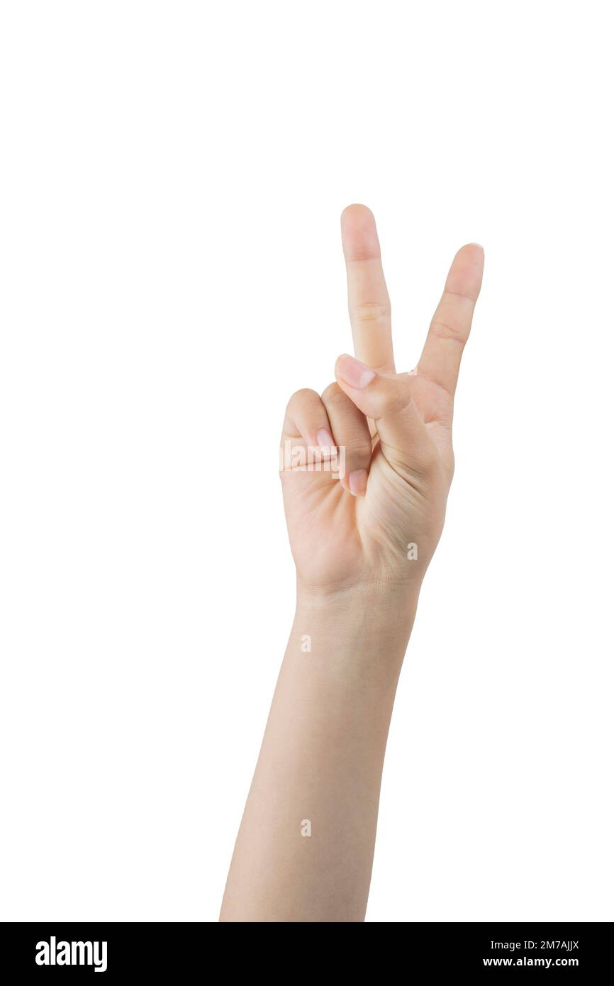 Woman showing the number two with hand signs, on white background. hand ...