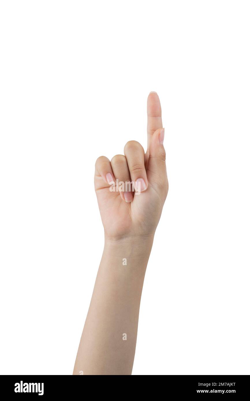 Woman showing the number one with hand signs, on white background Stock ...