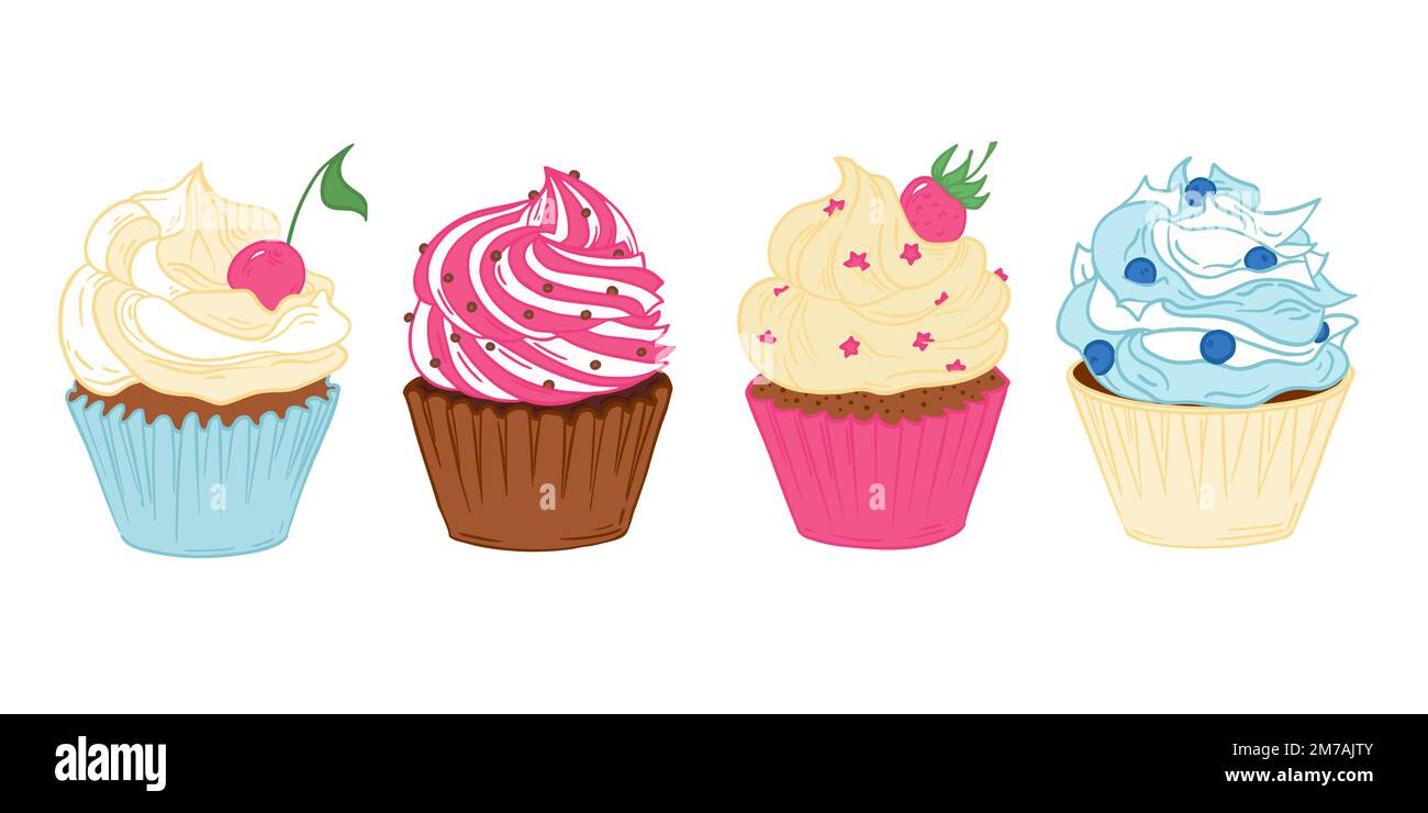 Little delicious cupcakes. Colorful vector illustration set Stock ...