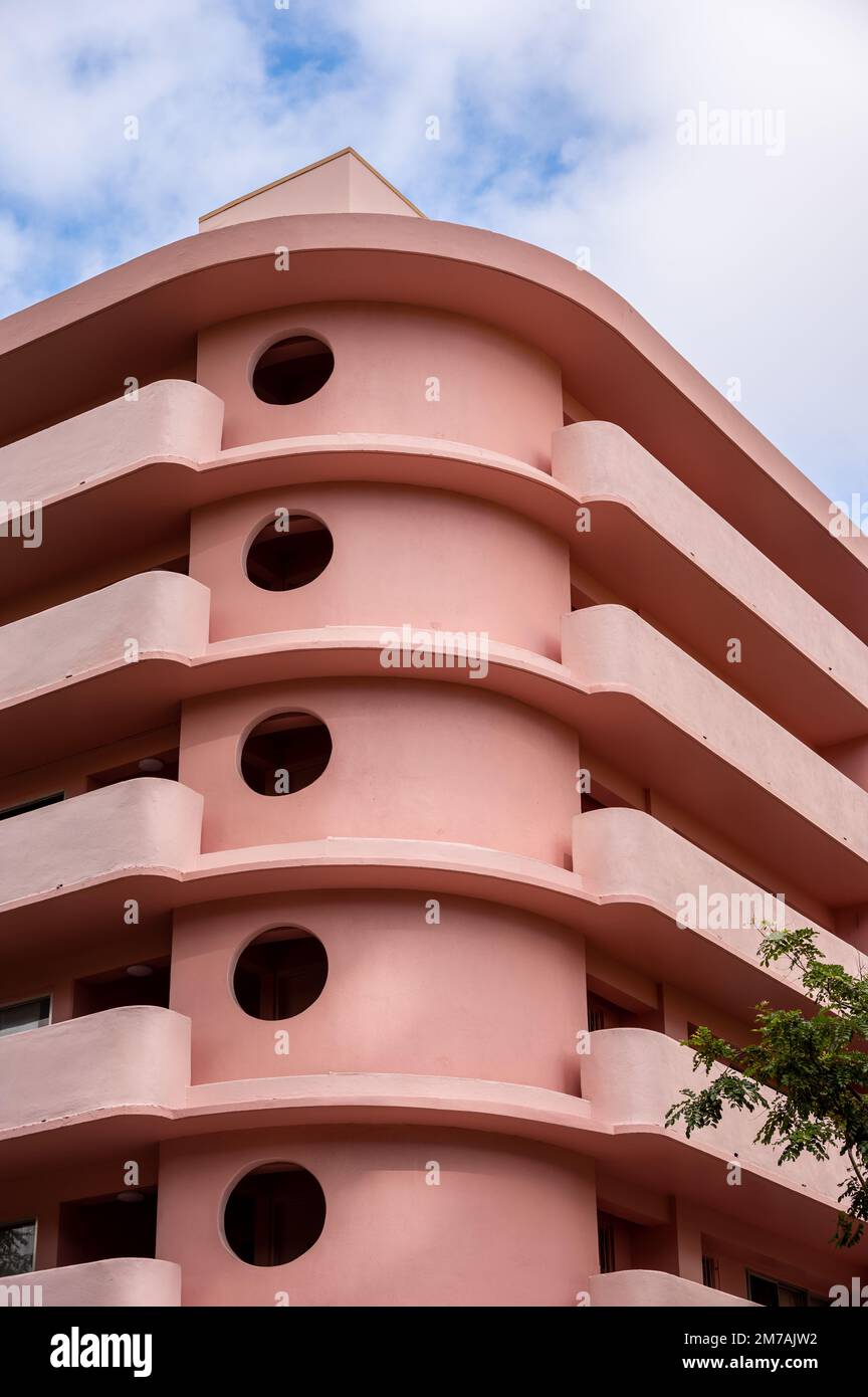 Honolulu, Hawaii - December 28, 2022: Exterior of a pink, retro art ...