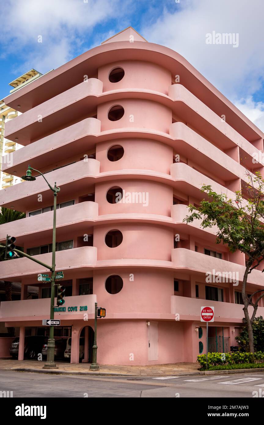 Honolulu, Hawaii - December 28, 2022: Exterior of a pink, retro art ...