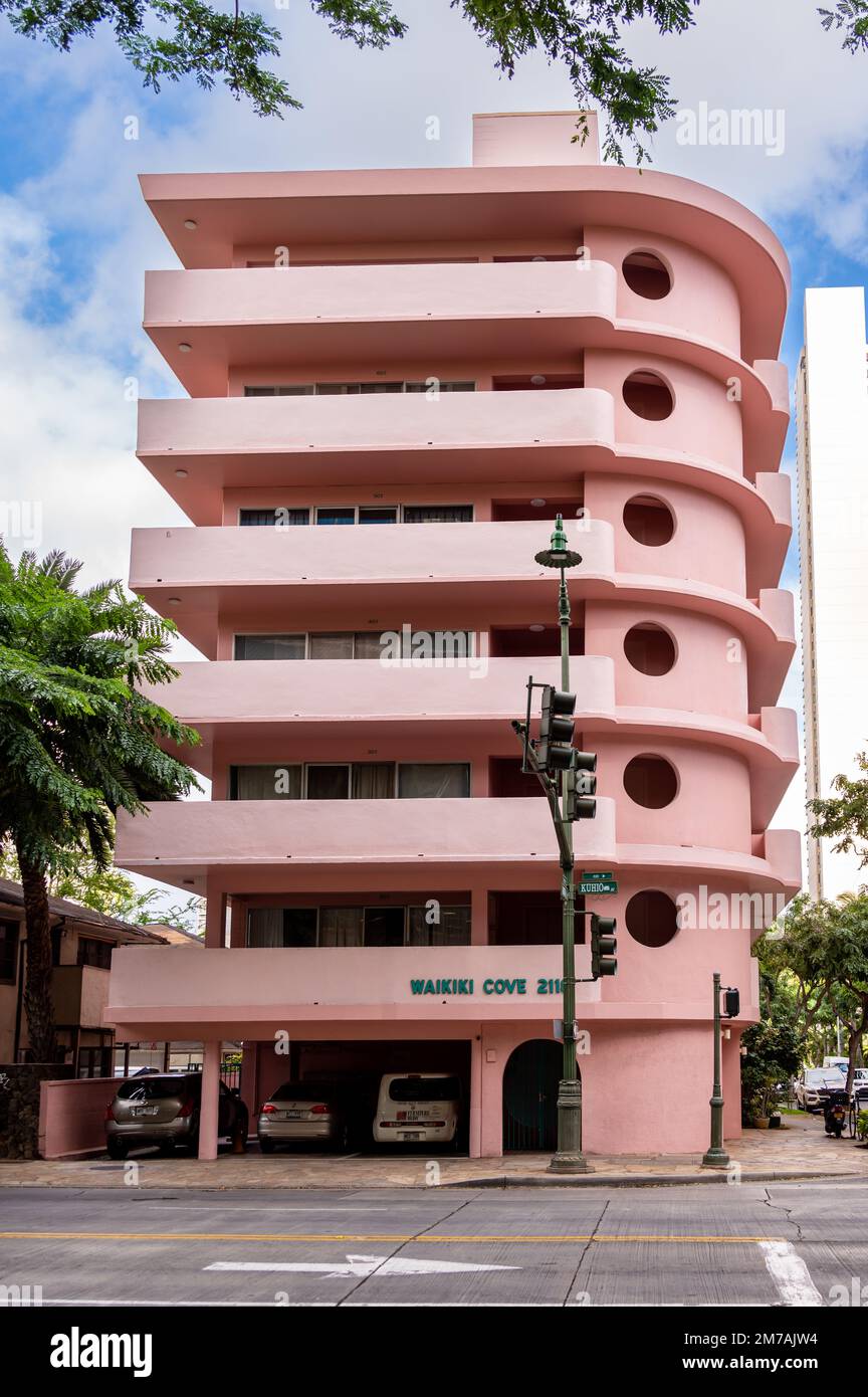 Honolulu, Hawaii - December 28, 2022: Exterior of a pink, retro art ...