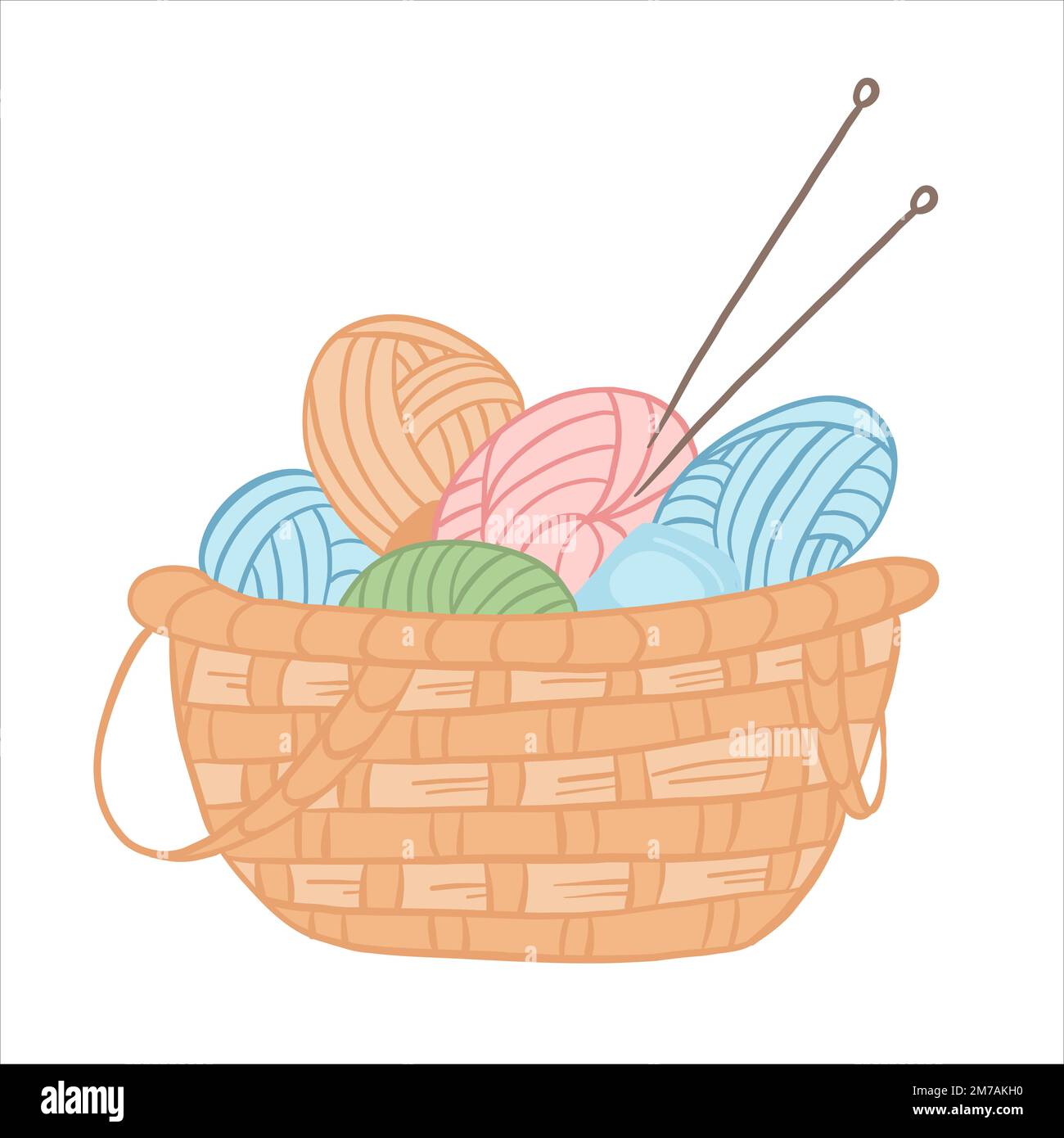 Vector illustration in color. Basket with threads for knitting and ...