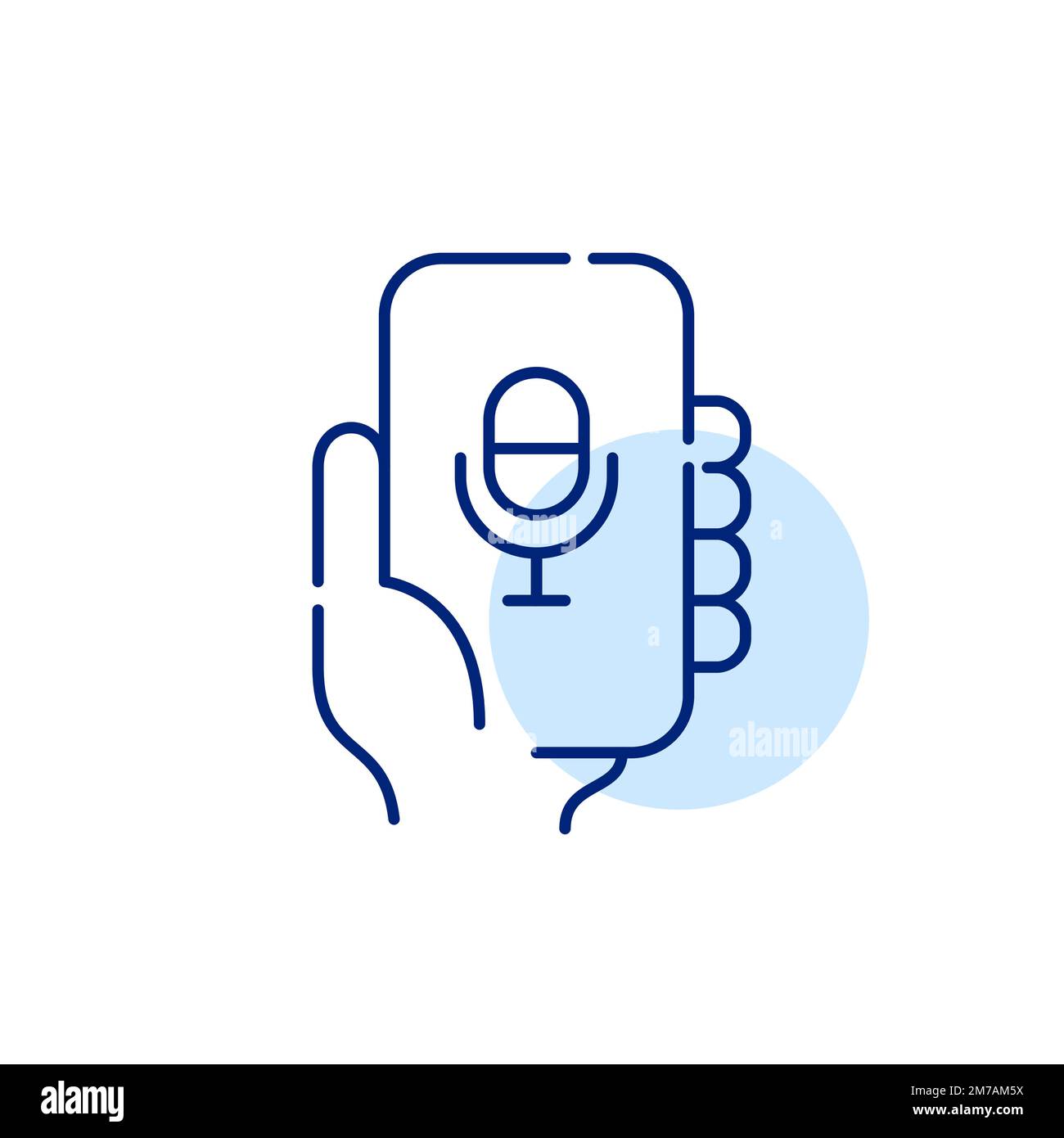 Hand holding smartphone with microphone symbol on it. Voice recorder ...