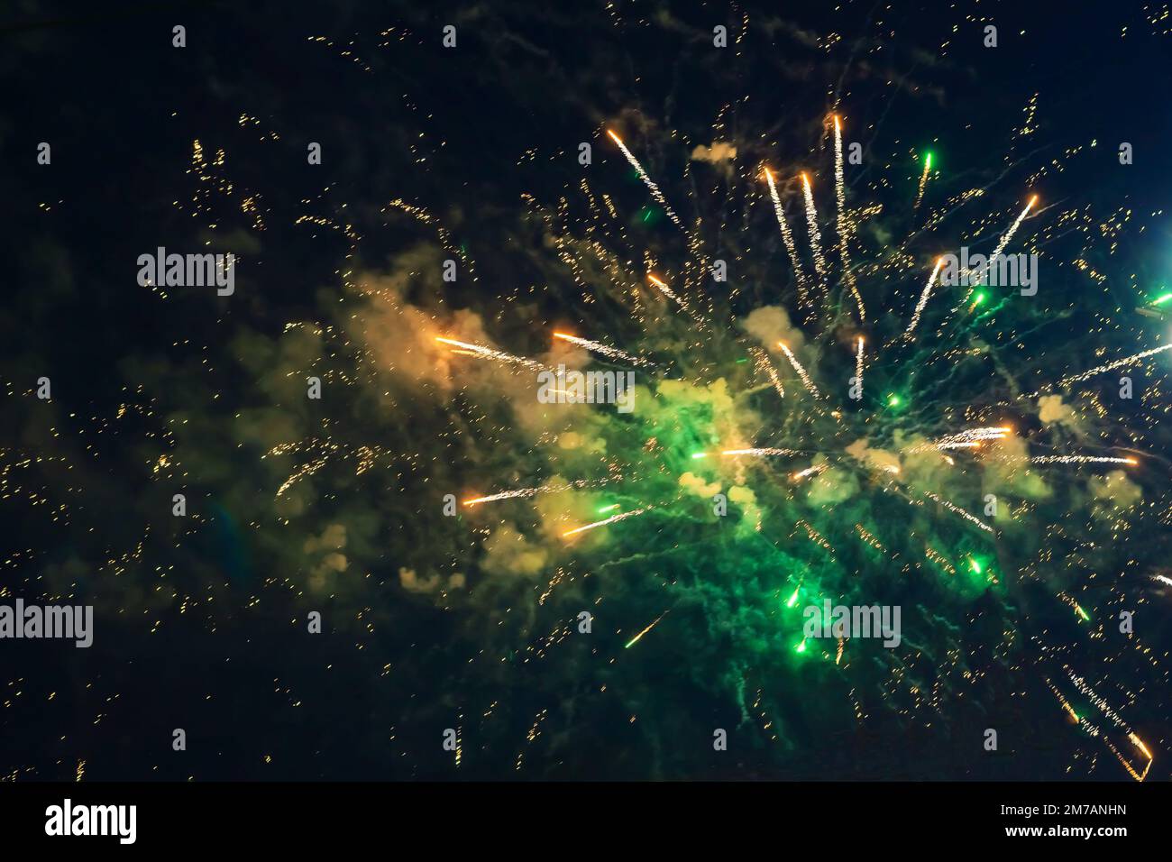 Green, bright fireworks, against the background of the night sky. High ...