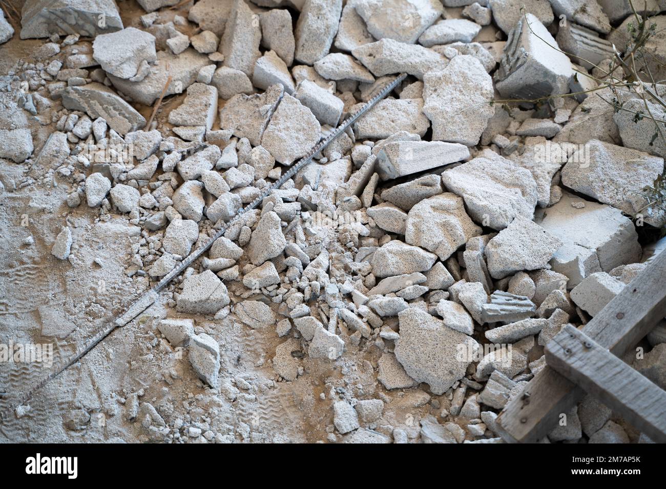 Broken aerated concrete at a construction site. Construction debris ...