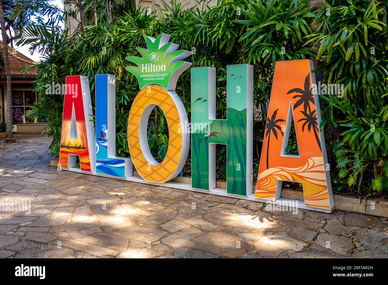 Honolulu, Hawaii - December 30, 2022: Aloha sign at the Hilton Hawaiian ...