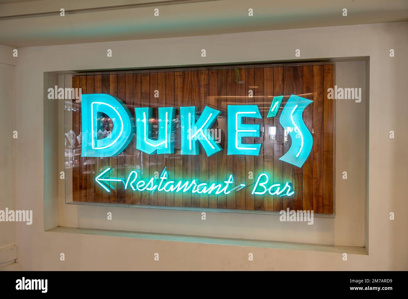 Honolulu, Hawaii - December 31, 2022: Neon sign for the famous Dukes ...