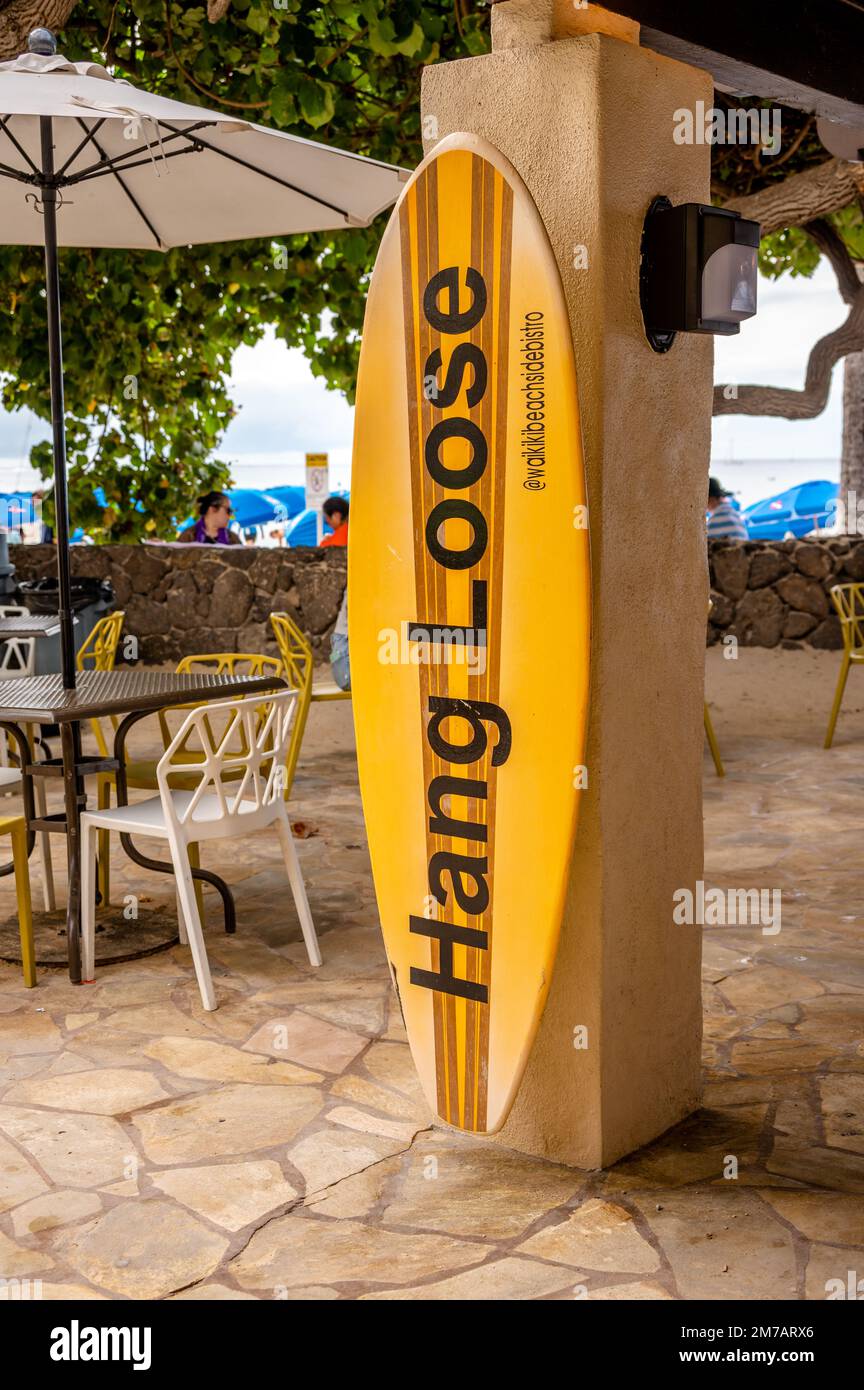 Honolulu, Hawaii - January 1, 2023: Surfboard signs at the Waikiki ...