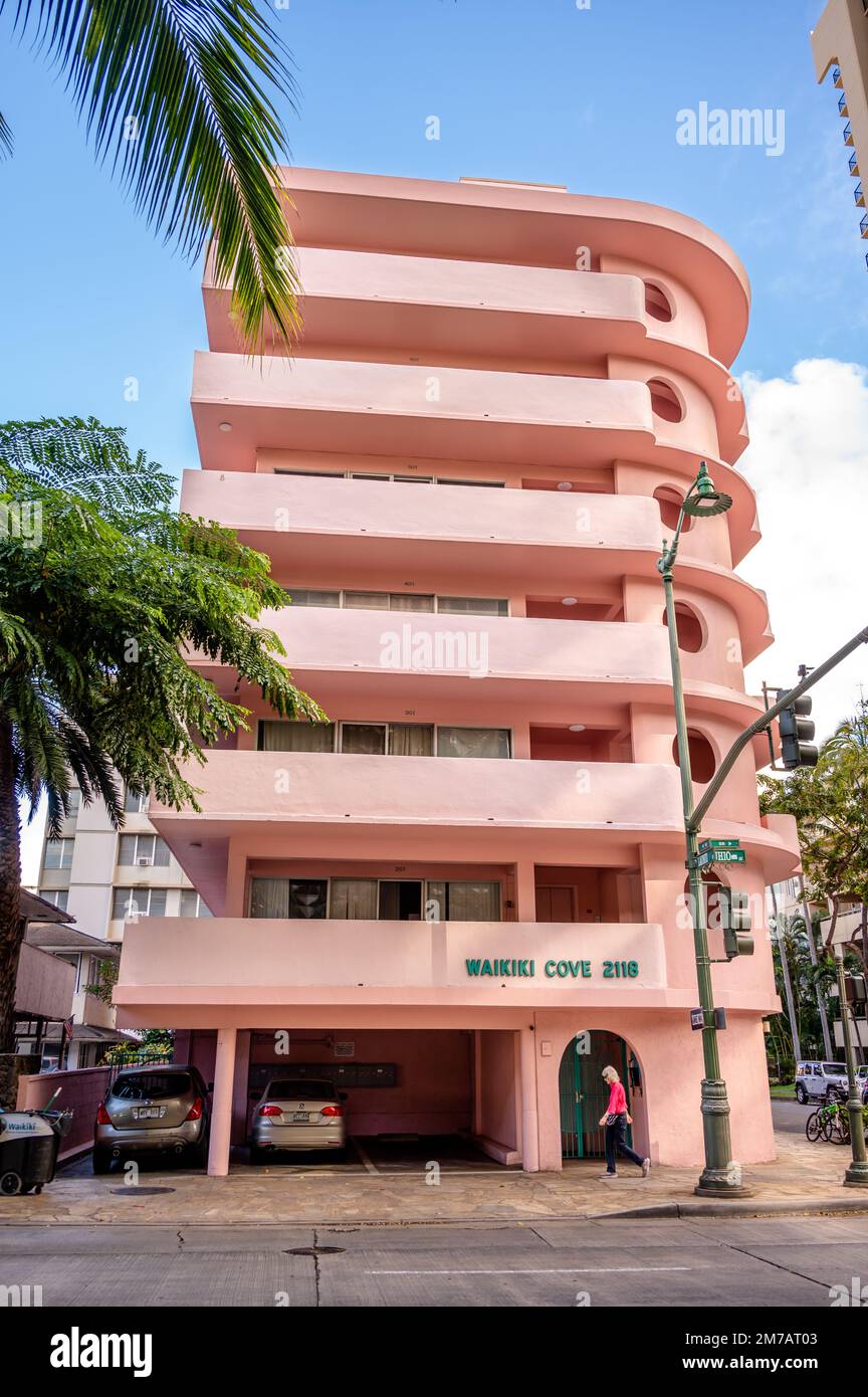 Honolulu, Hawaii - January 1, 2022: Exterior of a pink, retro art deco ...