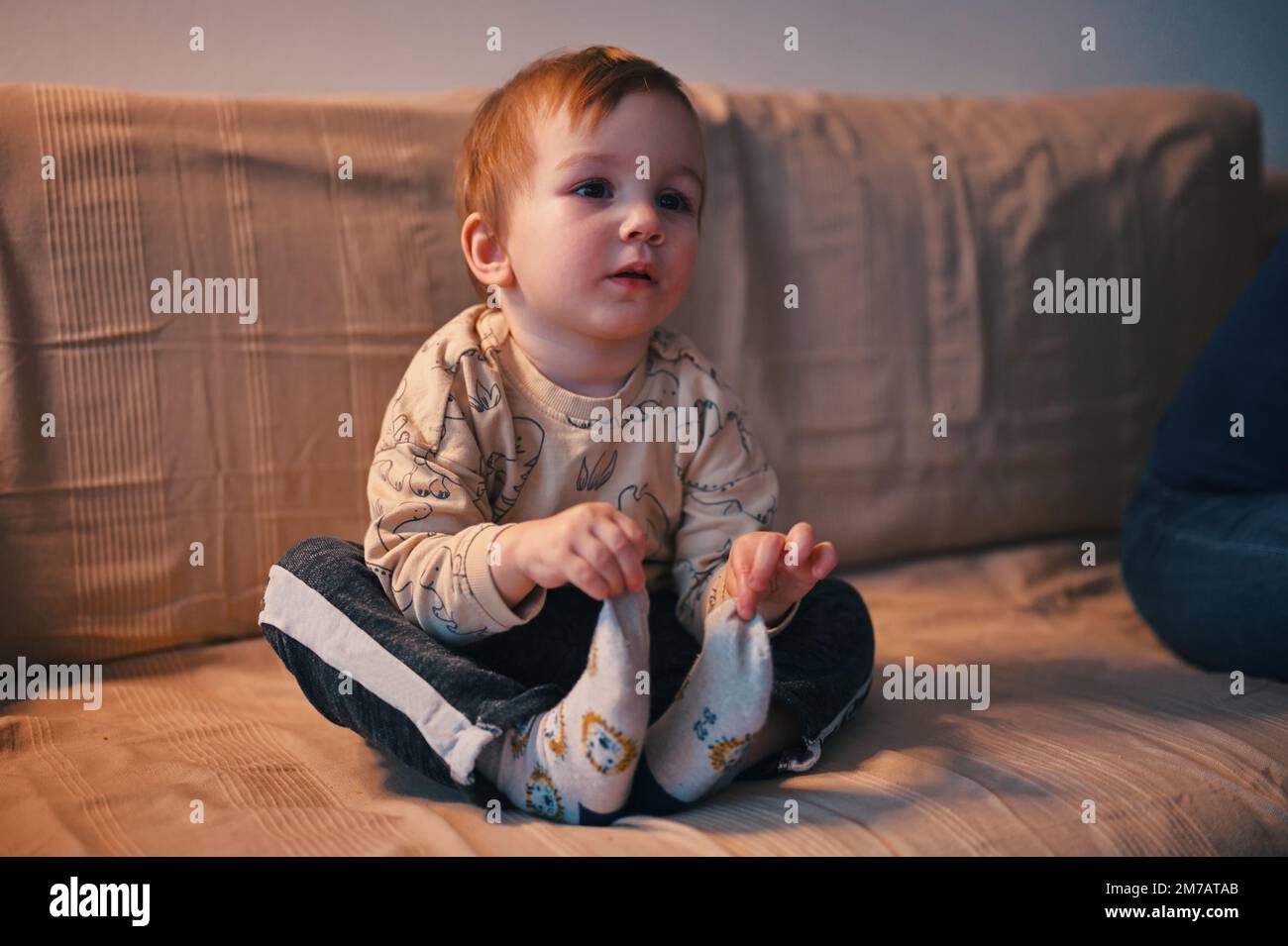 Portrait of cute little toddler sitting on a sofa and watching TV Stock ...