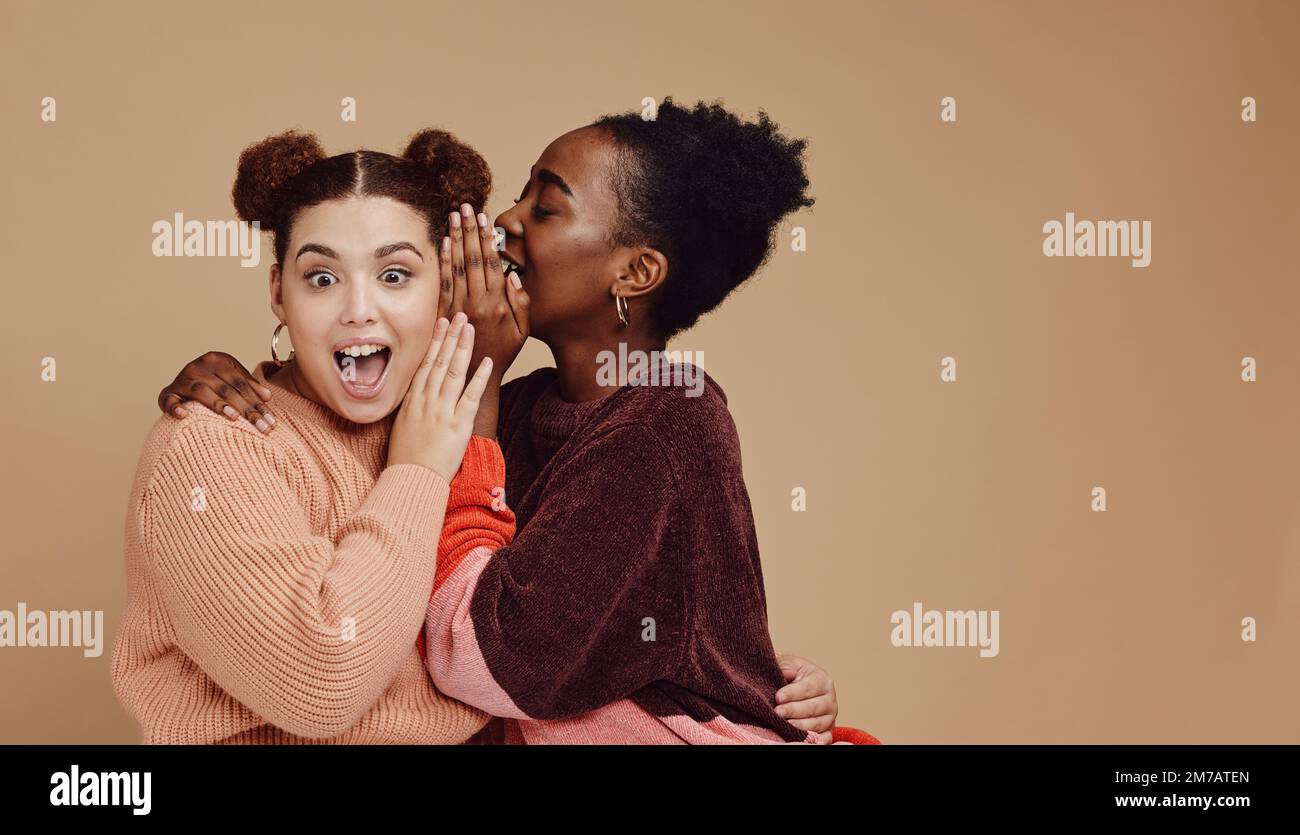 Friends, gossip and women share secret on studio background and product placement mockup ...