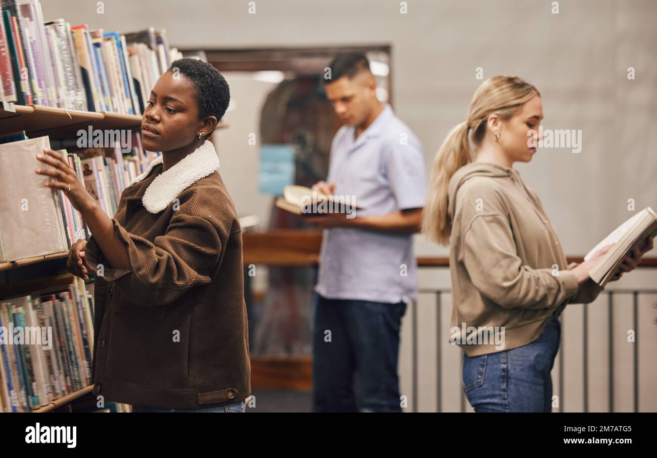 Diversity, education and students in library, knowledge and homework ...