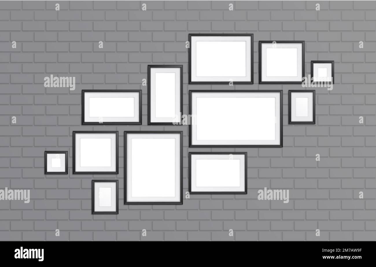 Black frames collage on gray brick wall. Realistic vector illustration ...