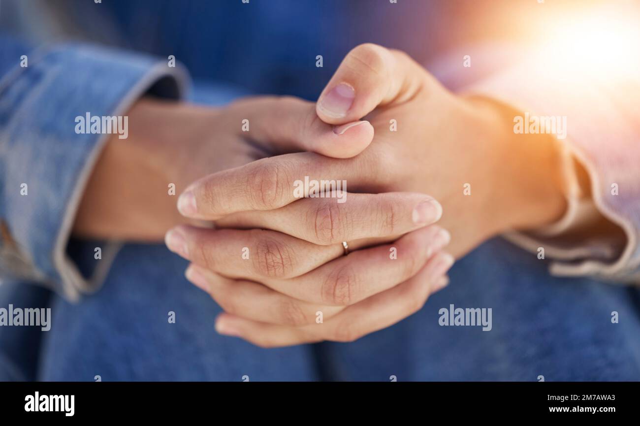 Hands, fingers crossed and prayer, spiritual meditation for woman with ...