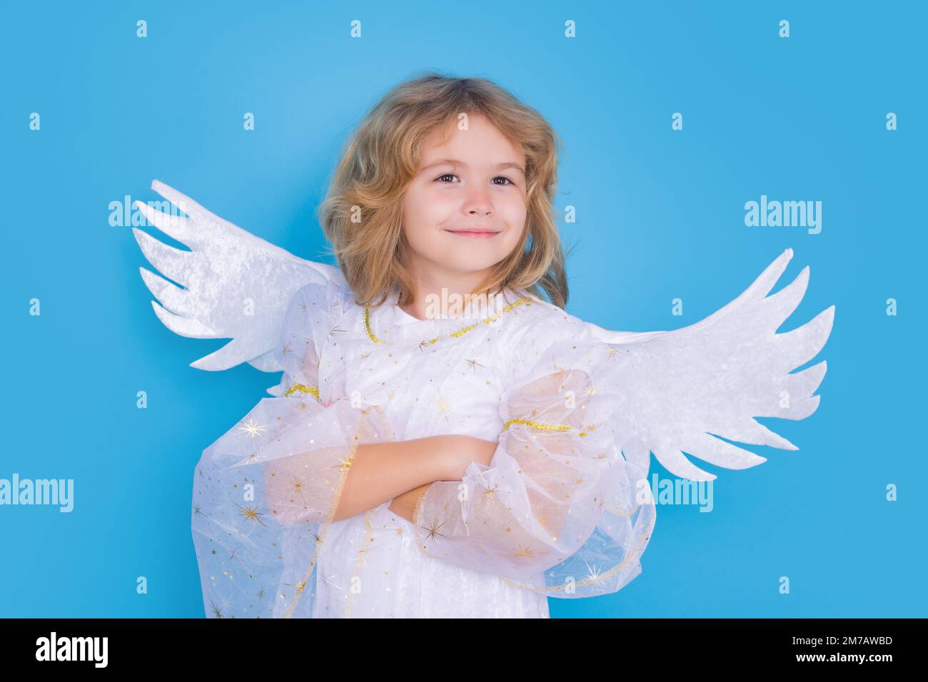 Child at angel costume. Kid with angel wings. Isolated studio shot ...