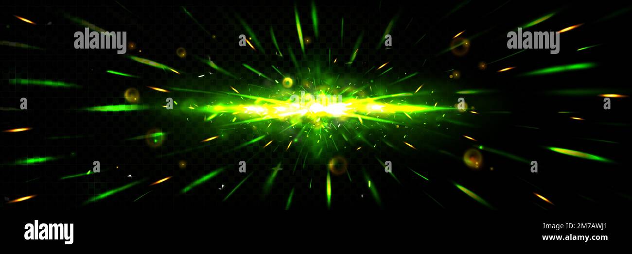 Explosion effect with sparks, green light and smoke. Bomb explode with ...