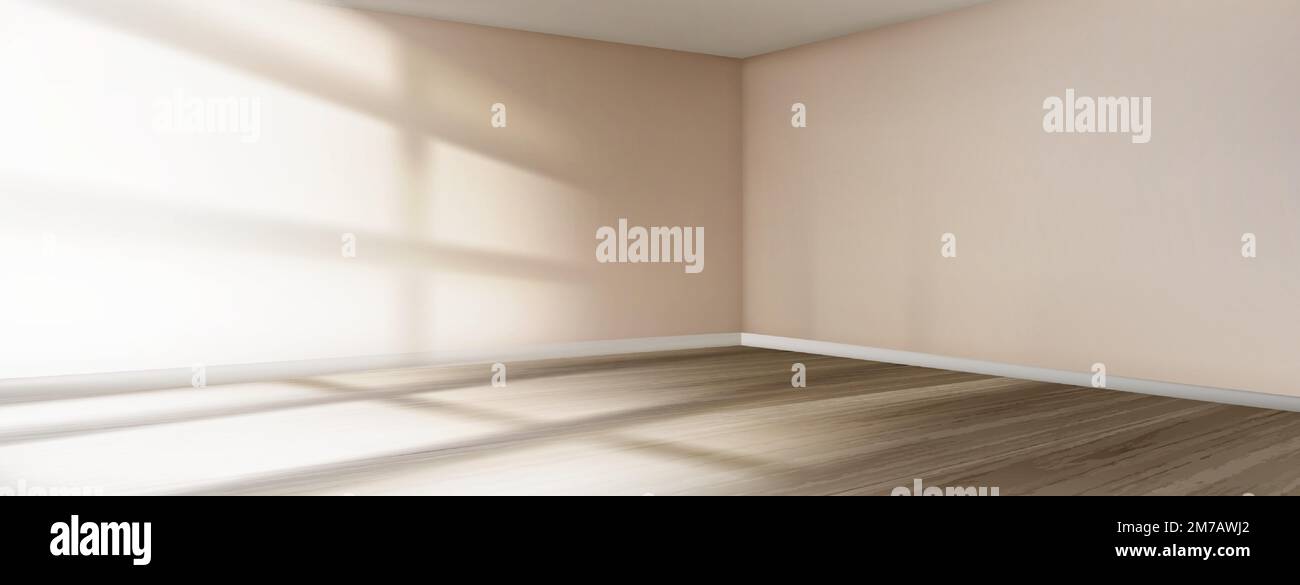 Empty beige room corner with sunlight and window shadow. Realistic ...