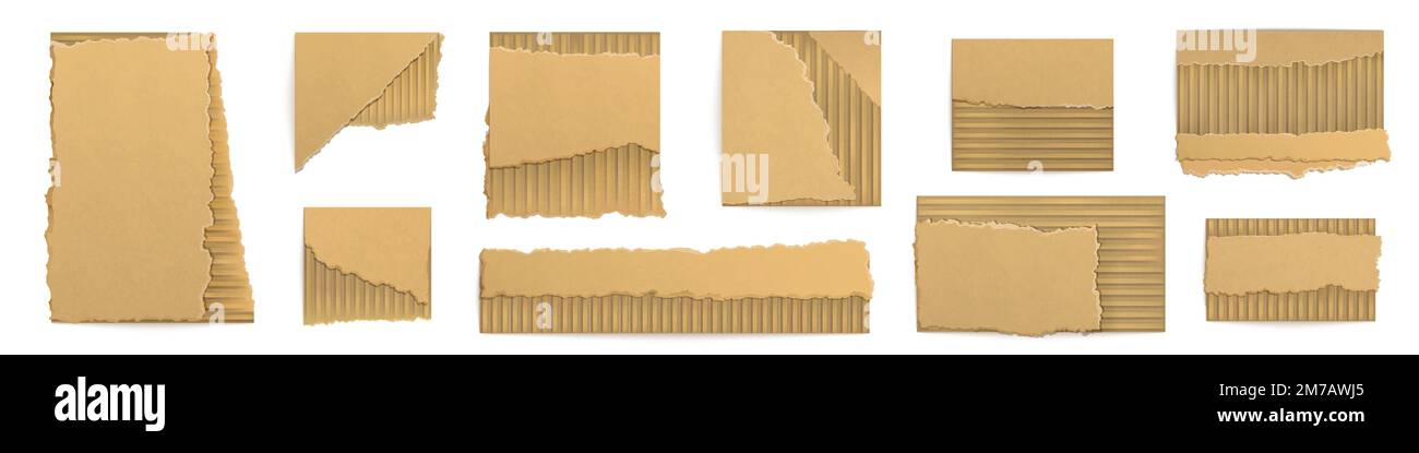 Set of torn brown cardboard pieces isolated on white background ...