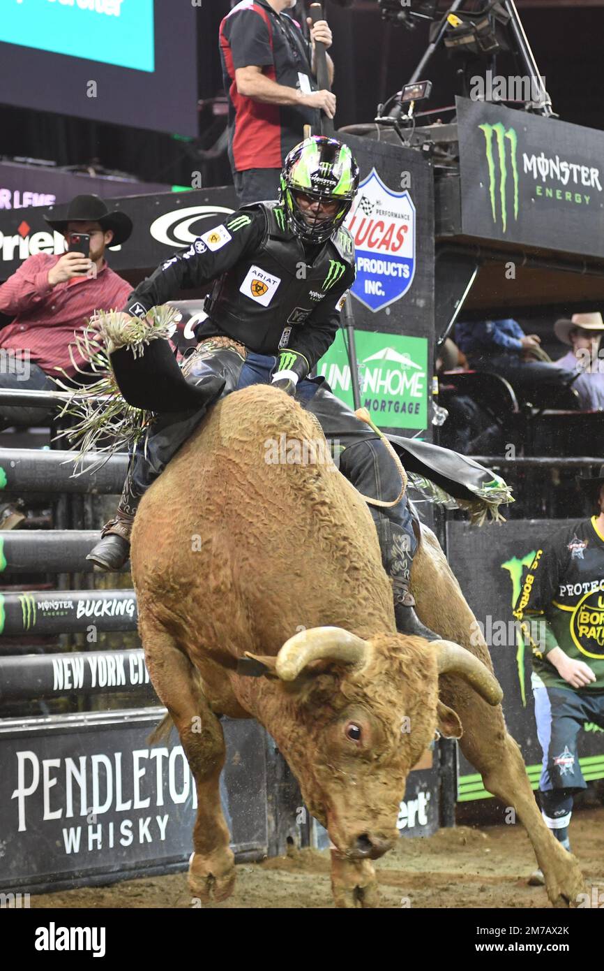 Professional Bull Rider Jose Vitor Leme rides bull Cliff Hanger during ...