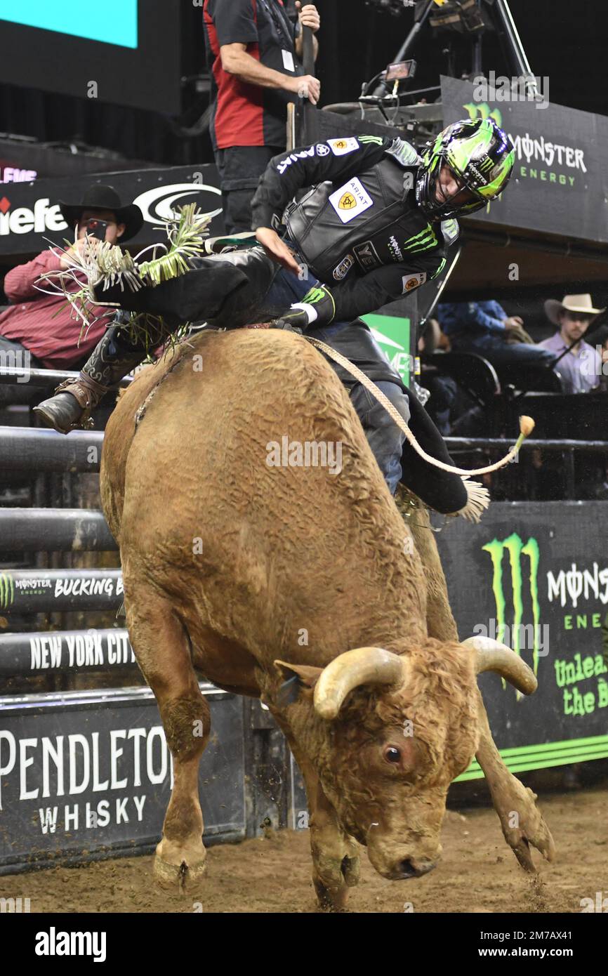 Professional Bull Rider Jose Vitor Leme rides bull Cliff Hanger during ...