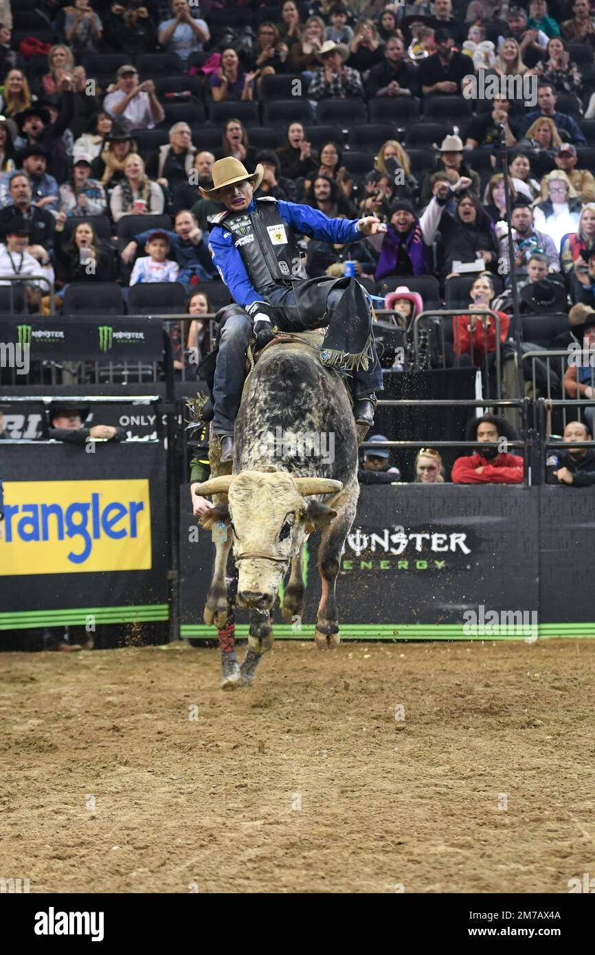 Professional Bull Rider Eduardo Aparecido rides bull Tulsa Time during ...