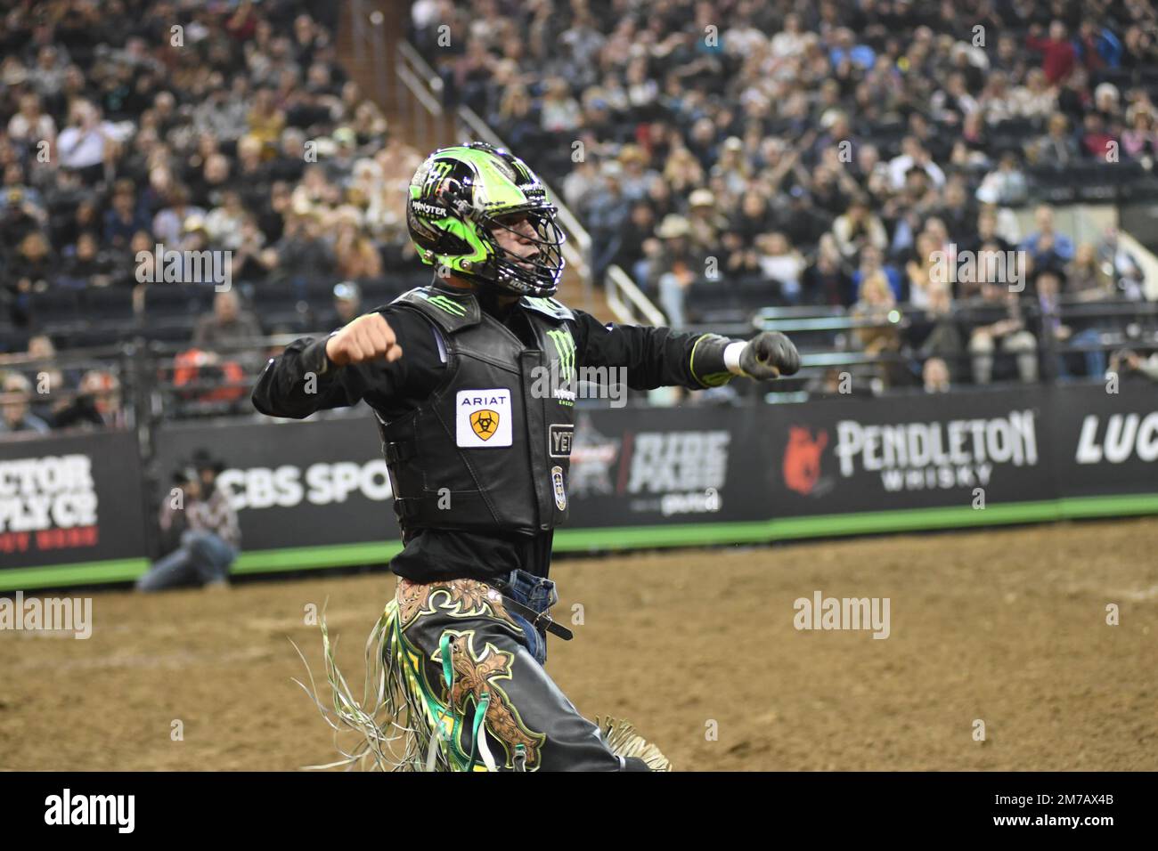 Professional Bull Rider Jose Vitor Leme rides bull Cliff Hanger during ...